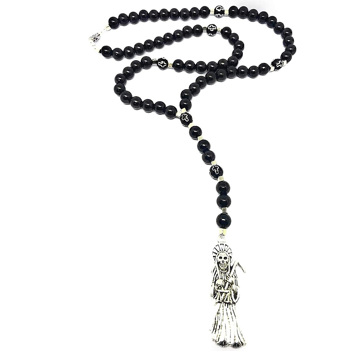 Acrylic Holy death's necklace, rosary style. Collar de la Santa Muerte de acrilico estilo rosario. Grim reaper Y style necklace.