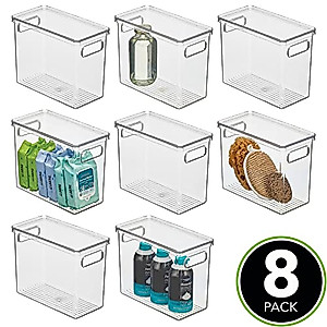 mDesign Slim Plastic Stackable Bathroom Cabinet Storage Bin Box with Handles/Lid, Drawer Stacking Organizer for Soap, Lotion, Towels, and Accessories, Ligne Collection, 8 Pack, Clear