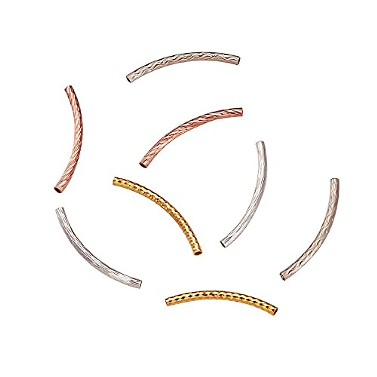 Fashewelry 200Pcs Curved Tube Long Noodle Spacer Beads 35~45mm Random Mixed Colors Carved Brass Metal Finding Beads for Jewelry Making Hole: 1.5-3mm