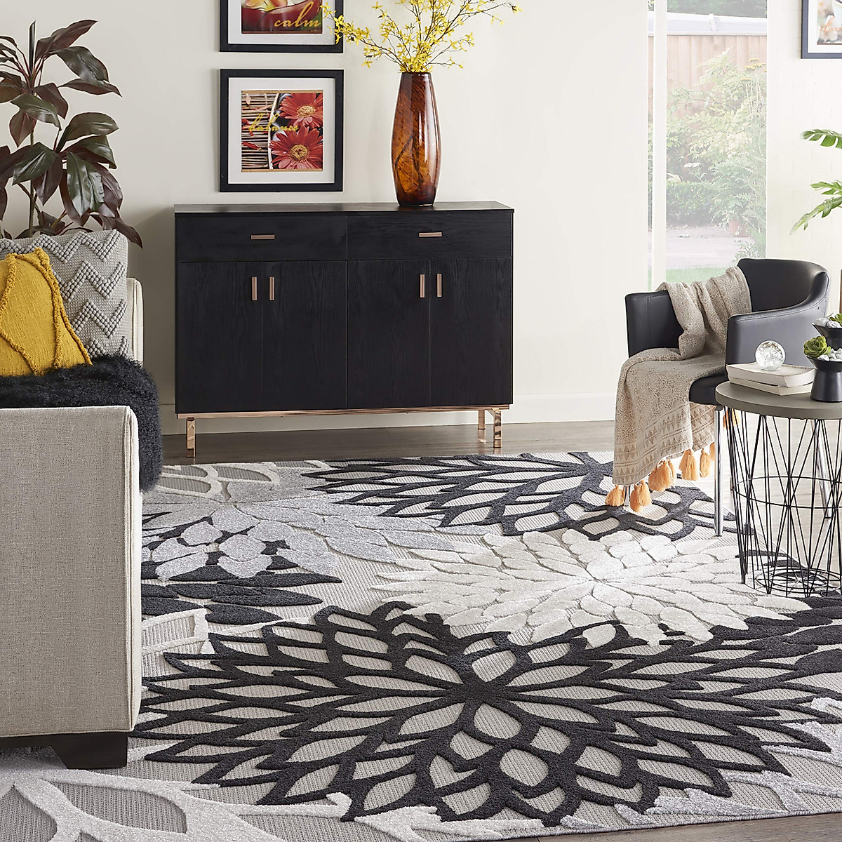 Nourison Aloha Indoor/Outdoor Black White 7' x 10' Area Rug, Tropical, Botanical, Easy Cleaning, Non Shedding, Bed Room, Living Room, Dining Room, Deck, Backyard, Patio (7x10)