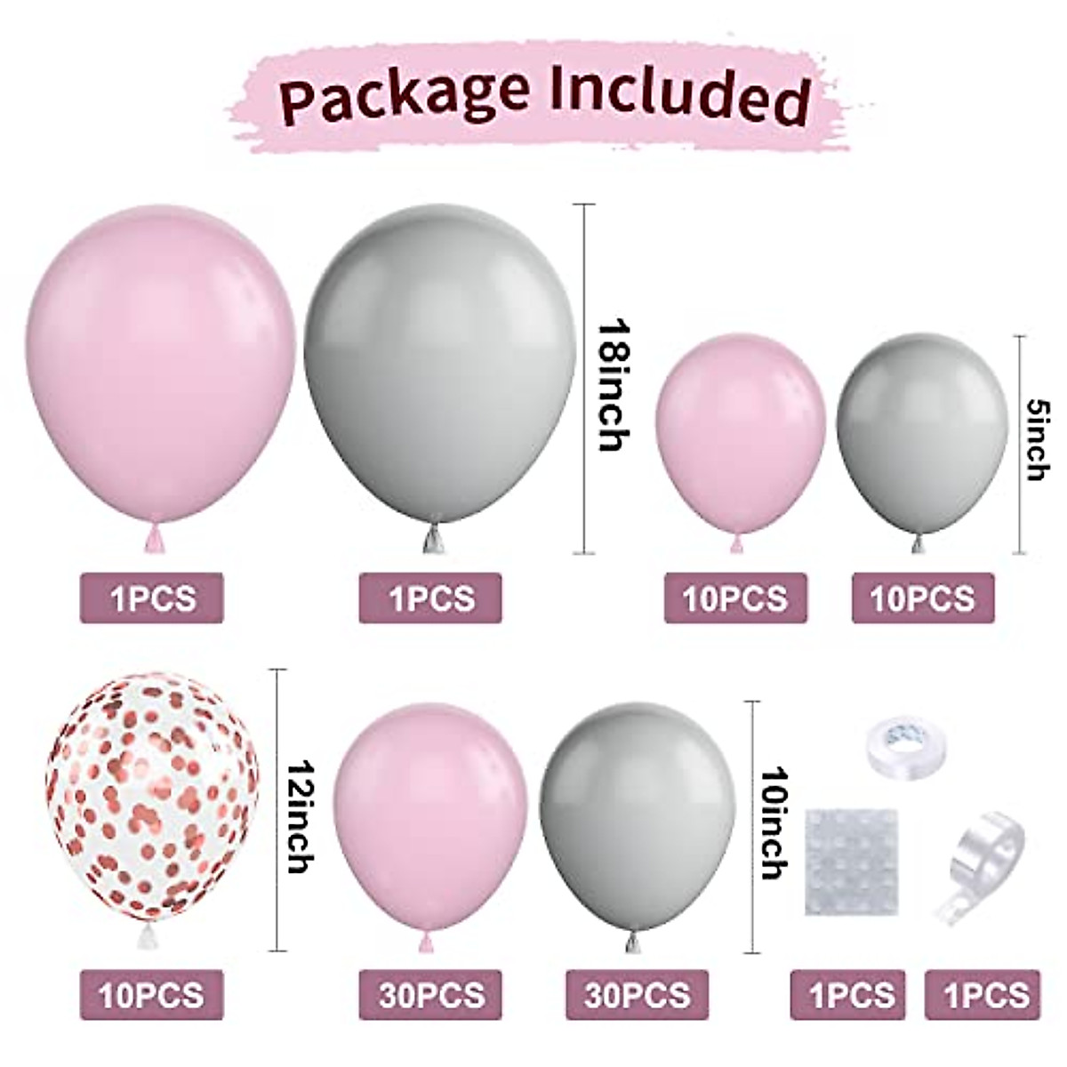 Pink Balloon Garland Arch Kit, 95Pcs Grey Pink Confetti Latex Balloons for Baby Shower Wedding Birthday Graduation Anniversary Bachelorette Party Background Decorations
