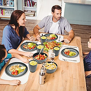 Dhnvcud 32-Piece Kitchen Plates and Bowls Sets,Lightweight Plastic Dishes Set for 8,Unbreakable Dinnerware Sets,Reusable Plates Set,Dishwasher and Microwave Safe, Dish Sets for Outdoor Camping,RV,Grey