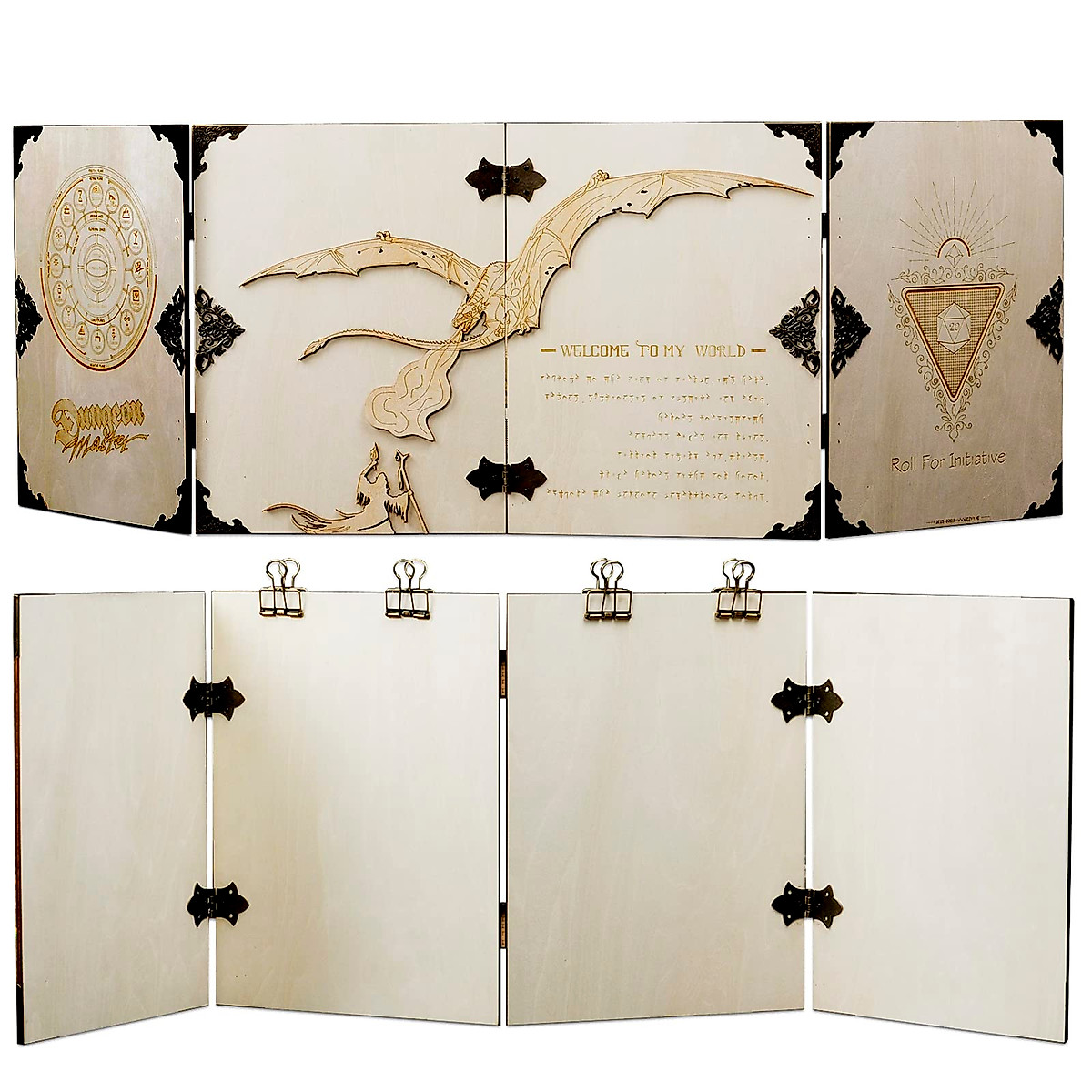 Dungeon Master's Screen 4-Panel Wood Laser Carved DM Screen with Felt Case - D&D, Tabletop RPG Accessories for Game Master