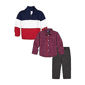 Tommy Hilfiger Boys' 3-Piece Sweater Set, Matching Button-Down Shirt, Sweater & Pants, Flag Blue Block, 24 Months