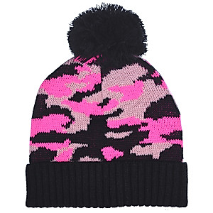 Polar Wear Girl's Digi-Camouflage Knit Hat & Gloves Set with Pom Pom Cap for Winter (Pink & Black Digi-Camouflage)