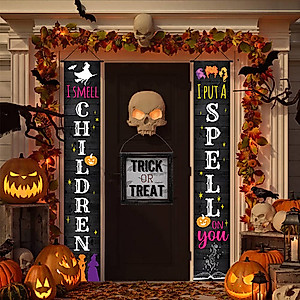Hocus Pocus Halloween Decorations Outdoor - I Smell Children I Put A Spell On You Front Porch Sign & Hanging Banners for Outside Decor