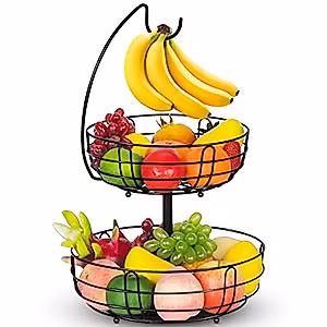 Bextcok 2 Tier Fruit Basket, Vegetables Fruit Bowl Storage with Banana Holder Hanger Hook Stand Organizer for Kitchen Countertop Counter, Black