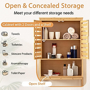 Tangkula Over The Toilet Storage Cabinet, Tall Natural Bamboo Bathroom Shelf Over Toilet with 2 Doors & Open Shelf, Freestanding Toilet Bathroom Space Saver, 24.5 x 9 x 67 Inch (Natural)