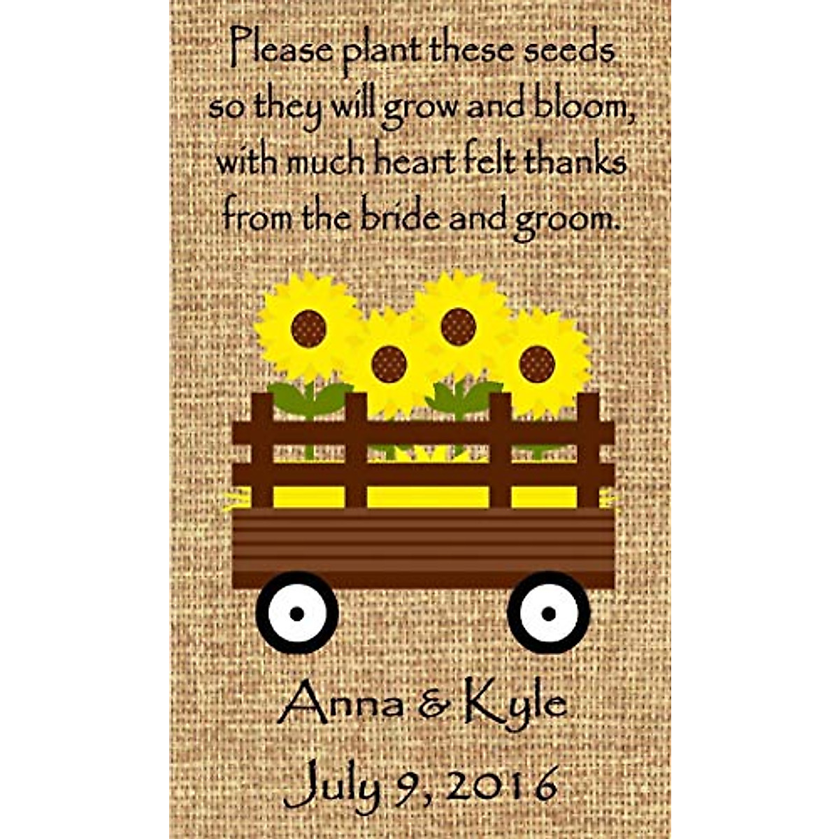 Wedding/Bridal Wildflower Seed Packet Favors(w/seeds) Personalized 50 qty-Burlap Sunflower Wagon Design