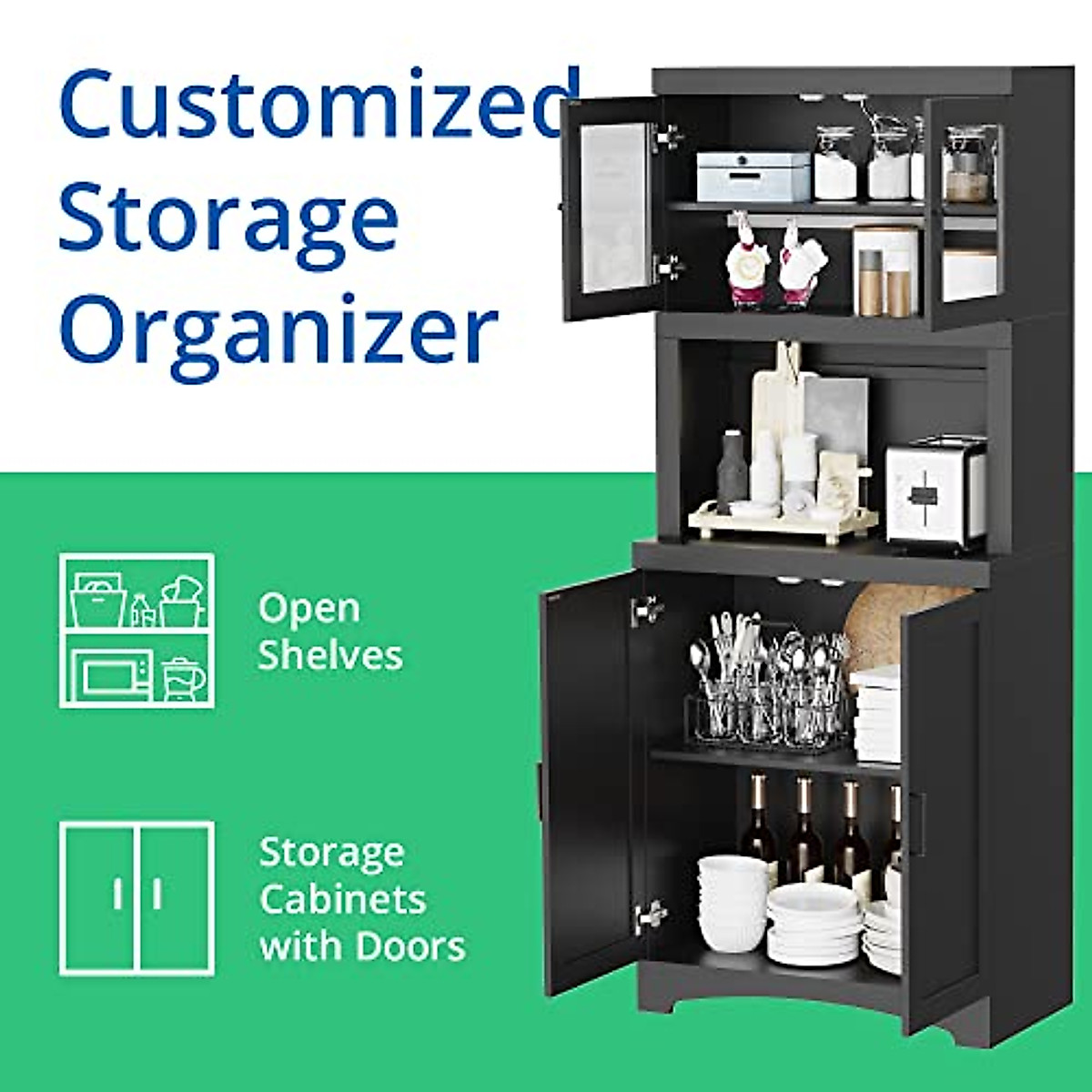 Cozy Castle 70" Tall Kitchen Pantry, Microwave Storage Cabinet with Doors and Adjustable Shelves for Dining Room, Black