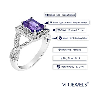 VIR JEWELS 1/2 cttw Purple Amethyst Ring .925 Sterling Silver with Rhodium Emerald 7x5 MM Size 5