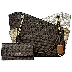 Michael Kors Jet Set Travel Large Chain Tote Luggage Brown MK Multi Colorblock Bundled Brown Trifold Wallet