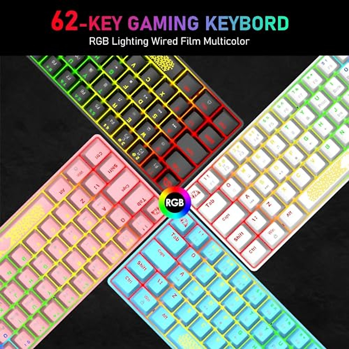 60% Compact Type c - Usb Wired Mechanical Keyboard UK, Blue Switch, RGB Backlit Rainbow LED, Anti-Ghosting, Media Keys, Laser carving, Ergonomic Aesthetic, for Computer PC Laptop PS4 XBOX - Black