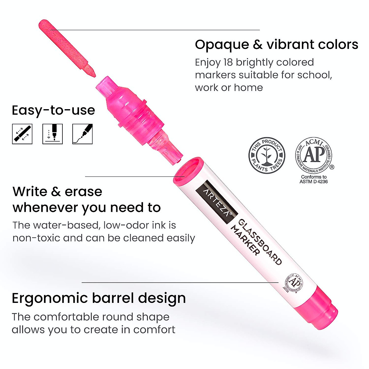 ARTEZA Glass Board Markers, Pack of 18, 10 Classic and 8 Neon Colors for Whiteboards and Windows, Erasable Dry Erase Markers, Office, School Supplies