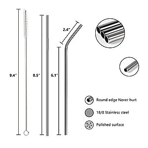 4PCS Reusable Metal Straws,8.5" Stainless Steel Straws with Case -Cleaning Brush for 20/30 Oz for Tumblers (Silver)