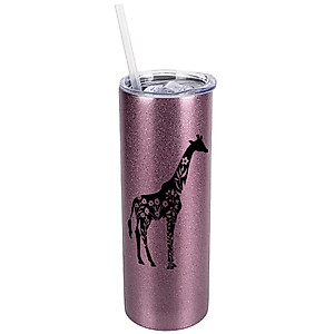 Elanze Designs Cheetah Animal Print Wrap-Around Design 20 Ounce Insulated Stainless Steel Coffee Travel Tumbler Mug Cup, Slide Top Lid & Reusable Straw, Rose Gold Glitter