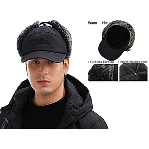 Winter 3 in 1 Thermal Fur Lined Trapper Hat with Ear Flap Full Face Warmer Cover Windproof Insulated Baseball Cap Cycling Motorcycle Snow Ski Hat Headwear (Black)