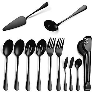 12 Pieces Black Serving Utensils, Stainless Steel Fine Vintage Serving Utensils with Serving Spoons Kitchen Mixing for Cake Server,Soup Ladle,Butter,Stirring,Tongs Ect Decorate Wedding