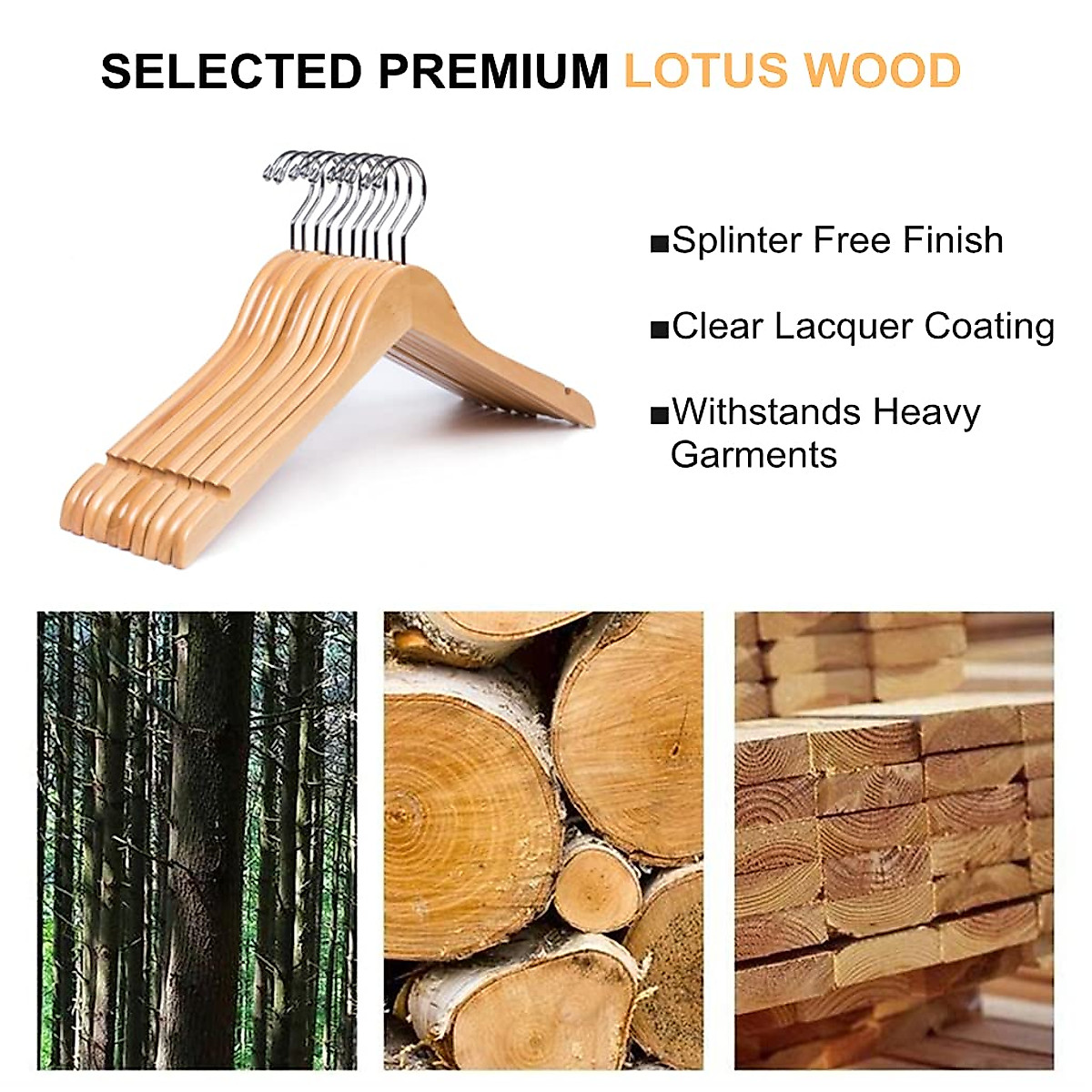 Amber Home 10 Pack Natural Wooden Shirt Hangers, Premiun Wood Coat Hangers Without bar, Clothes Hangers for Jacket, Bridal (Natural, 10)