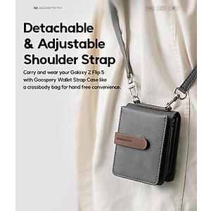 GOOSPERY Wallet Case Compatible with Galaxy Z Flip 5 Case, Detachable Card Holder 2 Card Pocket Storage Premium PU Leather Adjustable Cross-Body Strap Attached Earbud Cord Organizer - Grey
