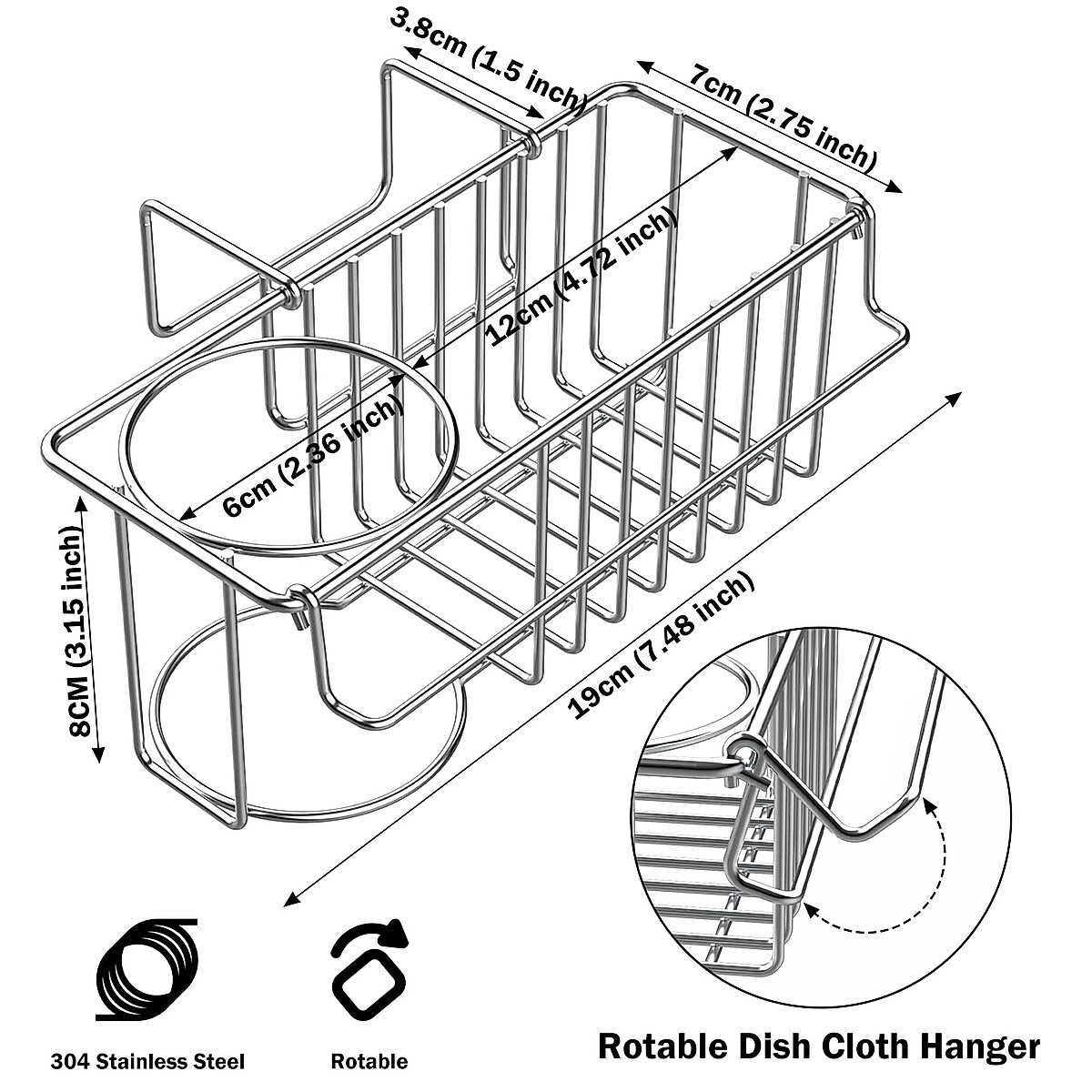 Aiduy Sponge Holder for Kitchen Sink - 3 In 1 Sink Caddy for Brush Holder Dish Cloth Hanger Stainless Steel Organizer Rack for Drain Stopper Scrubber Soap Tray