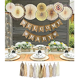 YARA Baby Shower Decorations Neutral | Woodland Rustic Boho Theme Oh Baby Decoration for Girl & Boy, Gender Reveal & Birthdays | Burlap Welcome Baby Banner, Gold & Cream Decor Paper Fans & Tassels