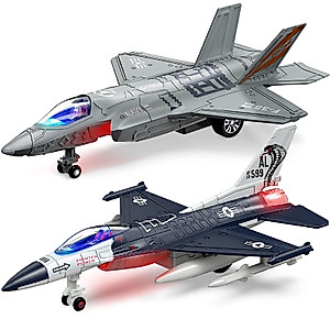 Geyiie Airplane Toys for Kids, Army Fighter Jet Diecast Plane Toys Helicopter for Boys Grils, Pull Back Airplanes with Light, Air Transport Toy Bomber Outdoor Gifts for Toddler Age 3-8 Gifts