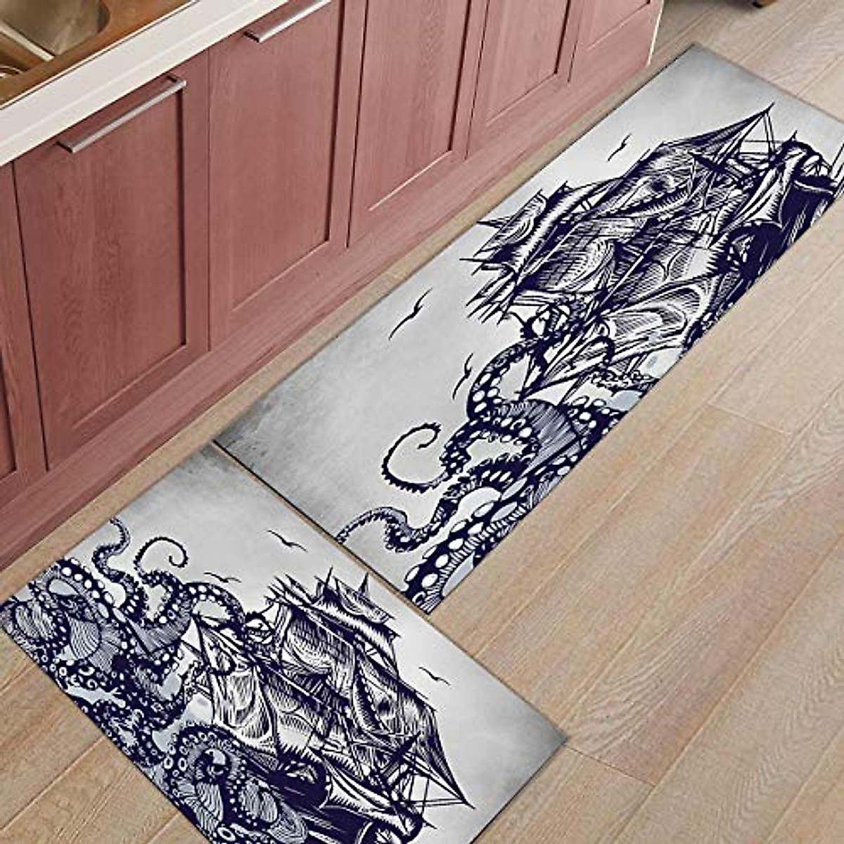 Kitchen Mats for Floor, Nautical Theme Octopus Sea Monster Kitchen Rugs, Kitchen Organization Anti-Fatigue Kitchen Mat, Kitchen Decor Runner Rug Room Decor Standing Desk Mats
