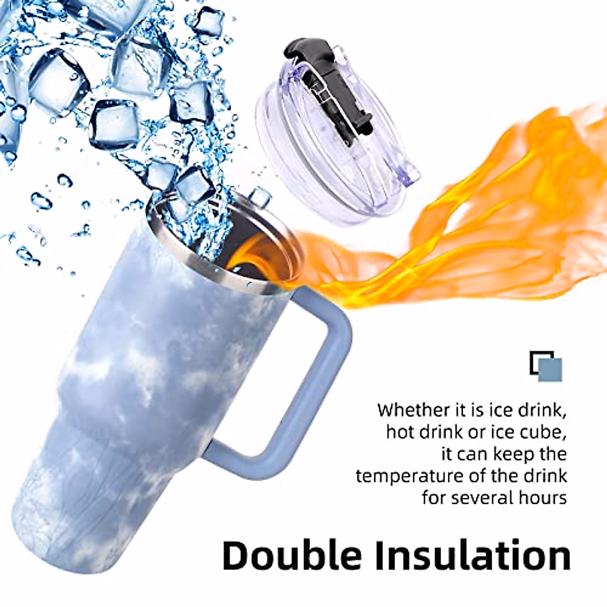 DREAMING MY DREAM 40oz Tumbler with Handle, H2.0 Tumbler Reusable Vacuum, Insulated Tumbler With Lid and Straws, Insulated Cup, Leak Resistant Lid (Tie Dye Blue)