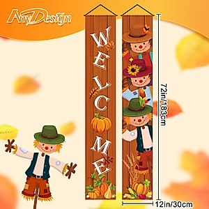 AnyDesign Scarecrow Welcome Hanging Banner Fall Thanksgiving Autumn Harvest Porch Sign Cute Cartoon Scarecrow Front Door Sign for Indoor Outdoor Home Wall Decoration, 12 x 72 Inch