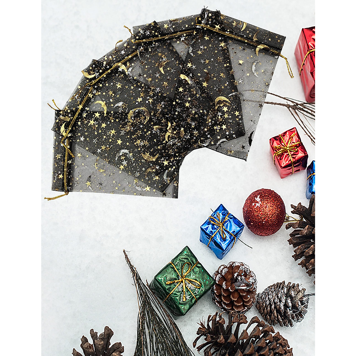 Jexila 100PCS Black Organza Bags 4X6 with Drawstring Jewelry Bags Small Moon Star Mesh Bags for Wedding Party Favor Candy Bags