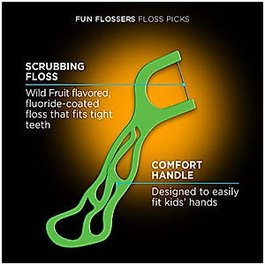 DenTek Kids Fun Flossers, Removes Food & Plaque, Wild Fruit Flavored Floss Picks, 75 Count, 6 Pack
