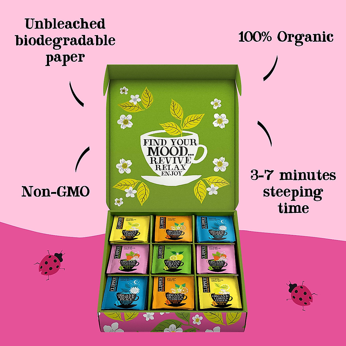 Clipper Tea Organic Herbal & Green Tea Selection/Sampler, Gift Box - Eco Friendly, Self Care, Fair Trade. Assorted Individually Wrapped Tea Bags, 1 box, 45 Unbleached Tea Bags, Gifting