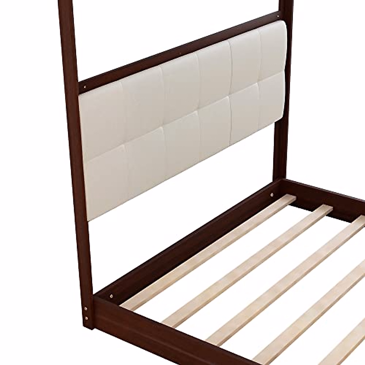 DOLPRNE Modern Queen Size Wooden Canopy Platform Bed with Upholstered Headboard,Multiple Choice for Kids Teen Adults Bedroom,Box Spring Not Required,Espresso