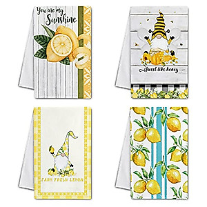 HADEEONG Summer Time Lemons Dish Towels for Kitchen, 16 x 23.6 Inch Fast Drying Absorbent Tea Towels Dishcloths, Seasonal Hand Towels for Daily Kitchen Home Cleaning Baking Set of 4