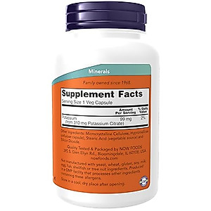 NOW Foods Supplements, Potassium Citrate 99 mg, Supports Electrolyte Balance and Normal pH*, Essential Mineral, 180 veg Capsules