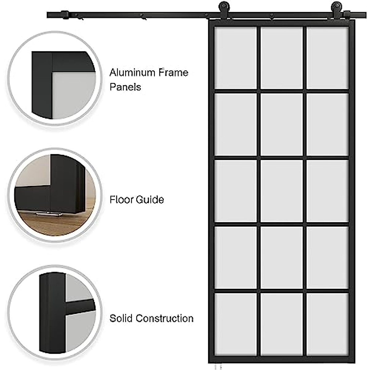 BARNSMITH 36in x 84in Frosted Glass Barn Door with 6.6FT Top Mounted Hardware kit Include Soft Close Mechanism DIY 15 Lites Modern Aluminum Frame Glass Sliding Barn Door Disassembled Easy Installation