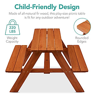 Best Choice Products Kids Wooden Picnic Table, Outdoor Activity & Dining Table w/Adjustable Collapsible Umbrella, Built-in Seats - Golden Brown/Navy