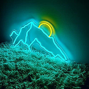 Mountains Neon Sign for Wall Décor, Handmade Neon Lights Wall Art for Home, Apartment, Bedroom Wall, Cafe, Office Decoration, Adjustable Bedroom Signs Gifts with Dimmer, 22X11 inches, Ice Blue- Yellow