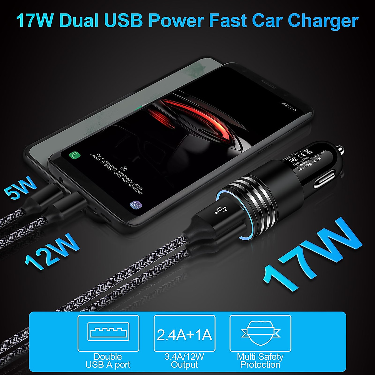 3.4A Fast Car Charger Type C Cigarette Lighter Plug USB Adapter Android Phone Charger Cable for Samsung Galaxy S24/A15/A54 5G/A14 5G/A53/A13/A23/A03S/A12/A32/A42/A52/A51/A71/S23/S22/S21/S20/S10/S9/S8