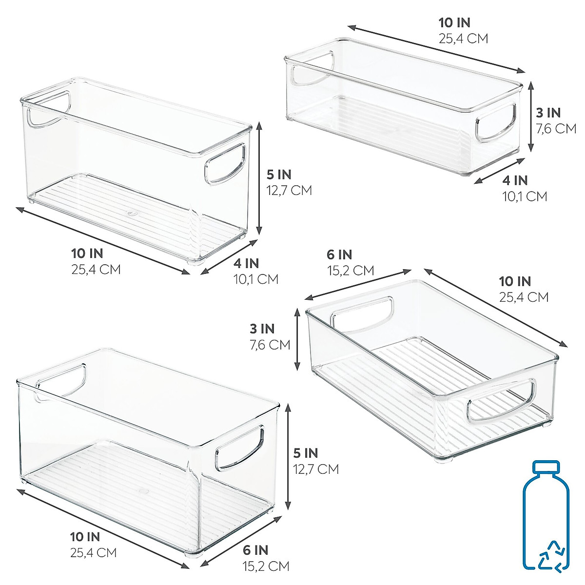 iDesign 4-Piece Plastic Bin Set for Pantry and Cabinet Organization– Various Sizes, Clear Recycled Plastic
