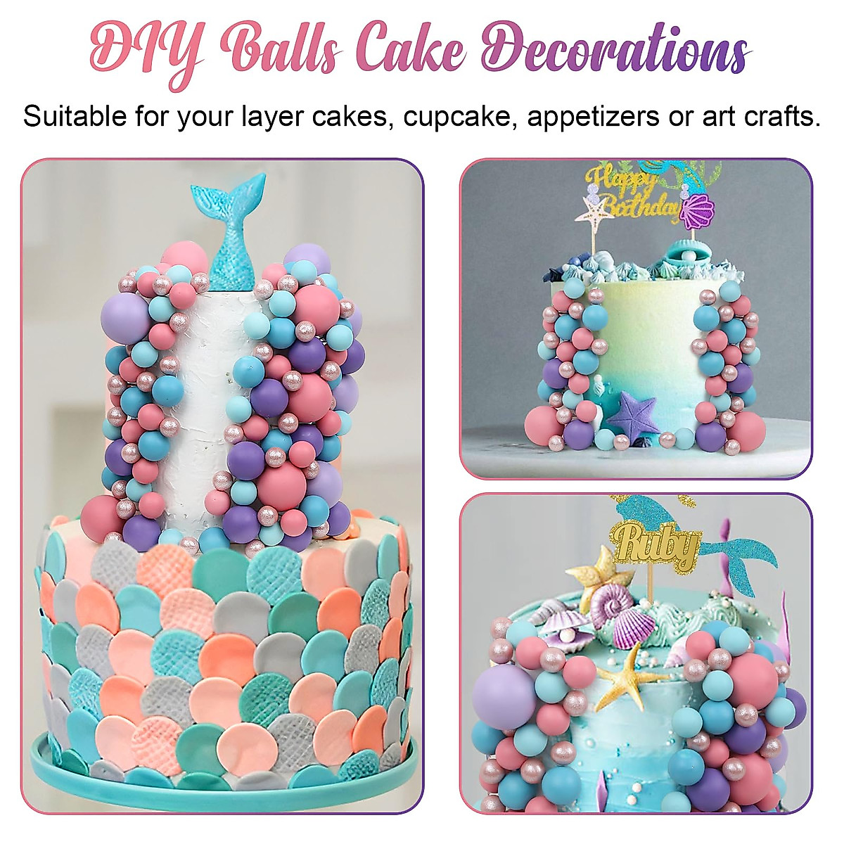 Acmee 115 PCS Ball Cake Toppers - Mini Balloon Cake Decorations Foam Ball Cupcake Picks DIY Cake Insert Toppers for Birthday Party Wedding Baby Shower - Pink Purple Blue