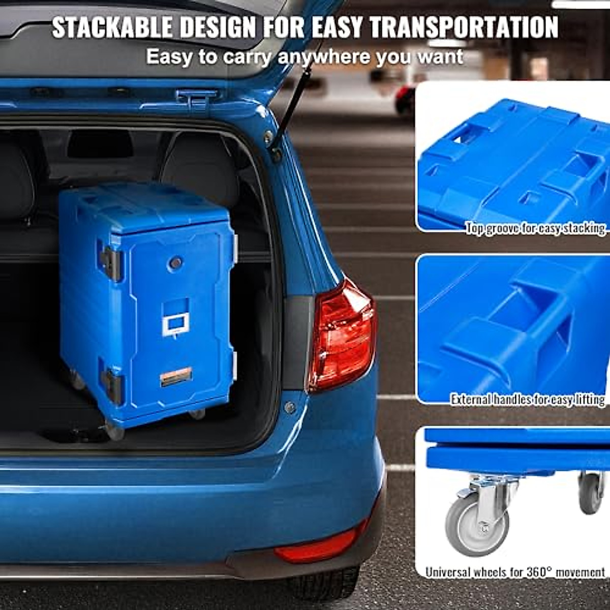 VEVOR Insulated Food Pan Carrier, 127 Qt Hot Box for Catering, LLDPE Food Box Carrier w/Double Buckles, Front Loading Food Warmer w/Handles, End Loader w/Wheels for Restaurant, Canteen, etc. Blue