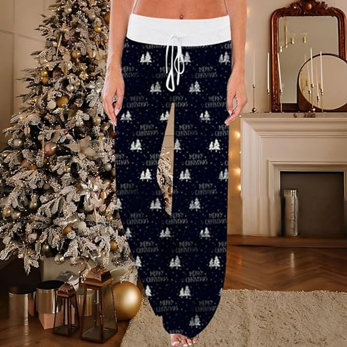 Black 2023 Friday Deals,Christmas Print Womens Sweatpants with Pockets Xmas Print Drawstring Workout Active Joggers Christmas Tree Print Plus Size Running Sweatpants Black XL