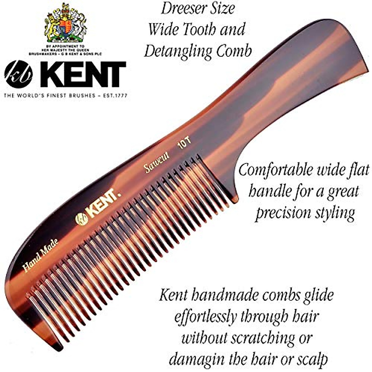 Kent 10T Large Wide Tooth Comb - Rake Comb Hair Detangler / Wide Tooth Comb for Curly Hair - Beard Combs/Hair Comb Hair Care Detangling Comb - Hair Comb for Men Hair Supplies - Natural Hair Comb Set