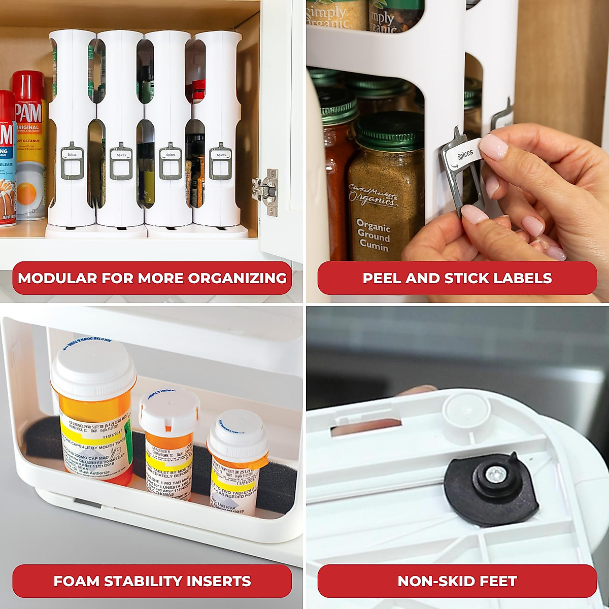 Cabinet Caddy (White) | Pull-and-Rotate Spice Rack Organizer | 2 Double-Decker Shelves | Modular Design | Non-Skid Base | Stores Prescriptions, Essential Oils | 10.8"H x 5.75"W x 10.8"D