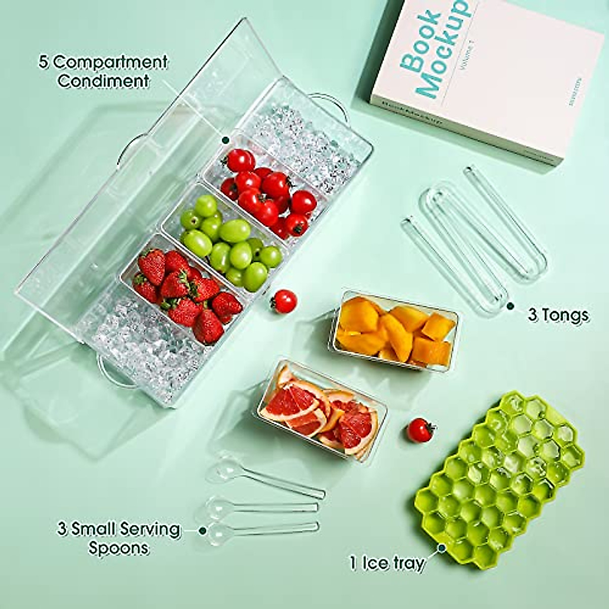 BELIBUY Condiment Server, Ice Chilled 5 Compartment Server CadCondiment Server,Condiment Containers with Lids, 5 Compartment Ice Chilled Caddy Clear Condiment Caddy with Iced Cube Fruit Serving Trays