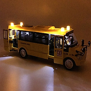 9" Pull Back School Bus,Light Up & Sounds Die-cast Metal Toy Vehicles with Bright Yellow and Openable Doors
