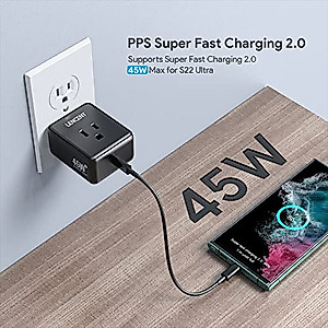 45W Super Fast Charging 2.0, LENCENT GaN PPS USB C Fast Charger with AC Outlet, Compatible for Samsung Galaxy S23/S23+/S23 Ultra/S22/S22 Ultra/S21/Note 20/Note 10, Laptop, 6.6ft Type C Cable Included
