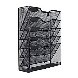 EasyPAG Mesh Wall Hanging File Organizer Holder 5 Tier Vertical Pocket Magzine Rack with Tray | Sides Closed ,Black